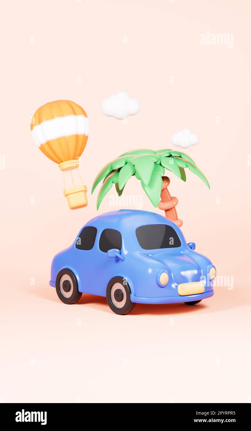 Cartoon blue car and palms on the yellow background, 3d rendering ...