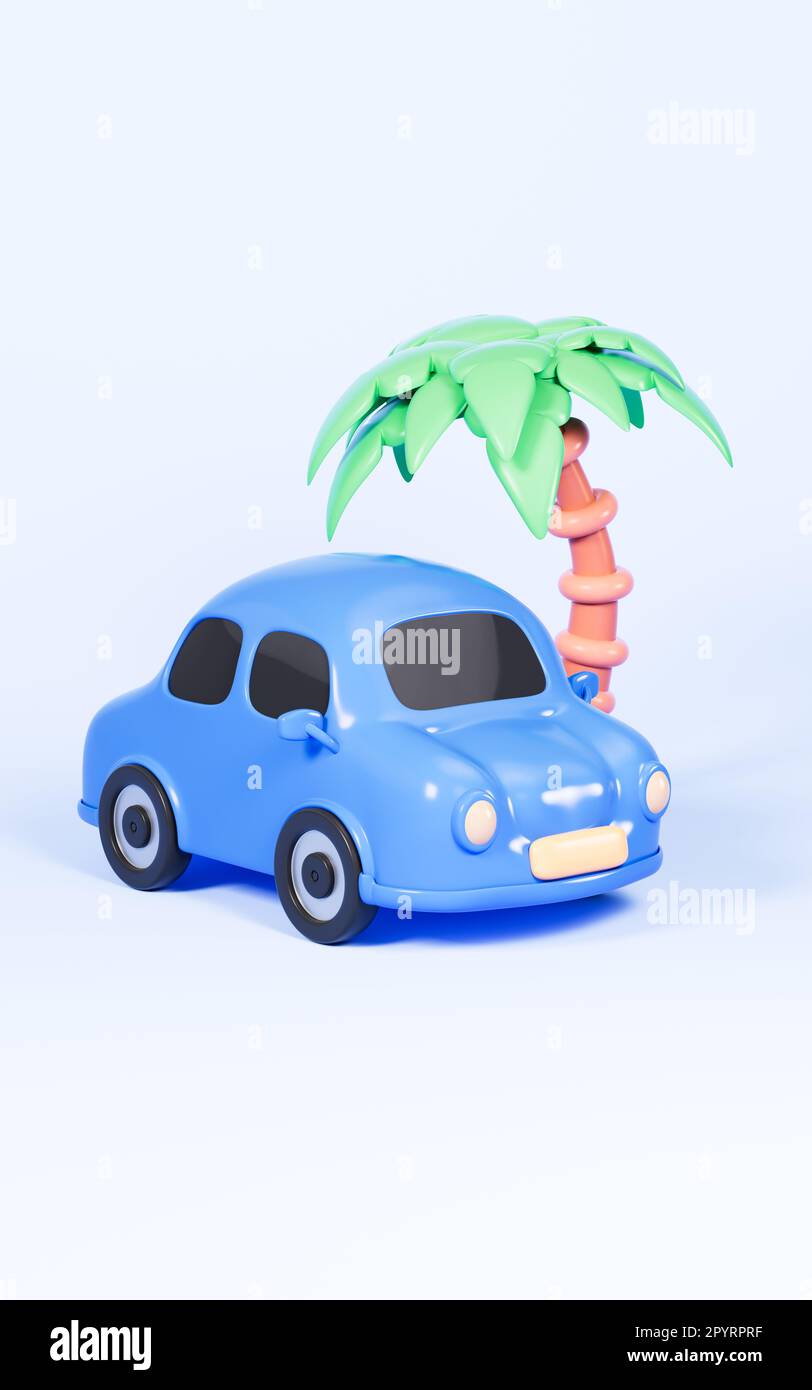 Cartoon blue car and palms on the yellow background, 3d rendering ...