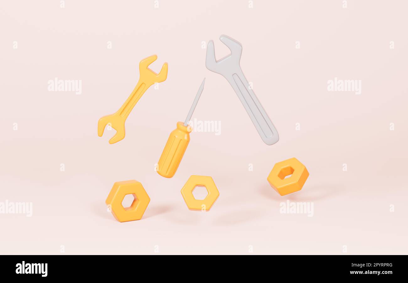 Cartoon repair tools on the yellow background, 3d rendering. Digital ...