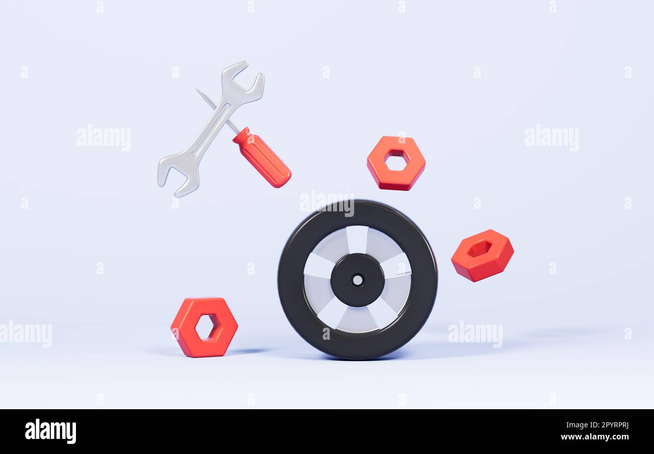 Cartoon repair tools and wheel on the blue background, 3d rendering ...