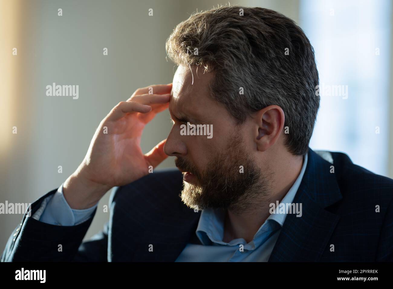 Tired, headache and eye strain. Businessman with stress, burnout and ...