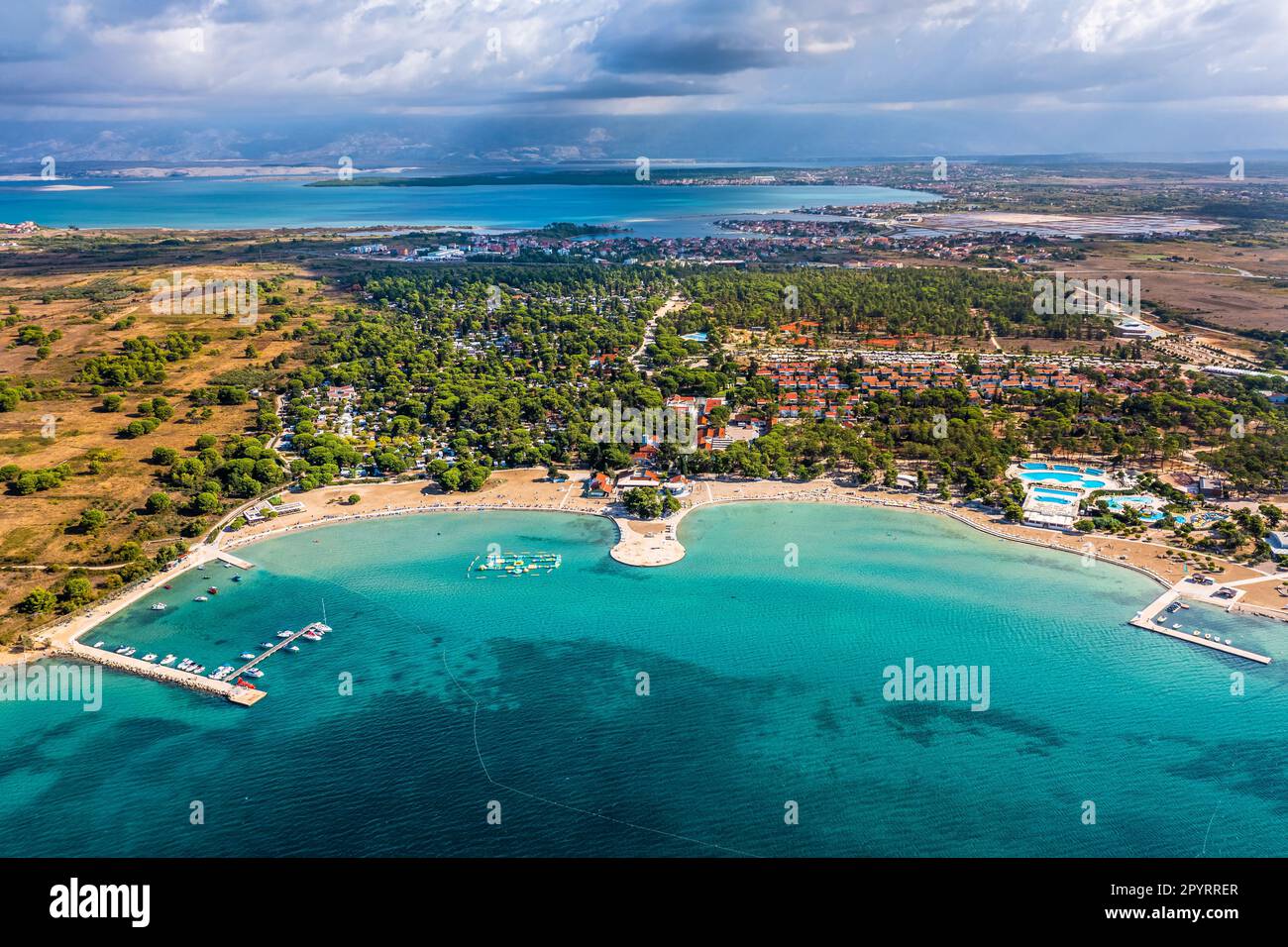Zaton, Croatia - Aerial view of Zaton tourist waterfront with turquoise ...