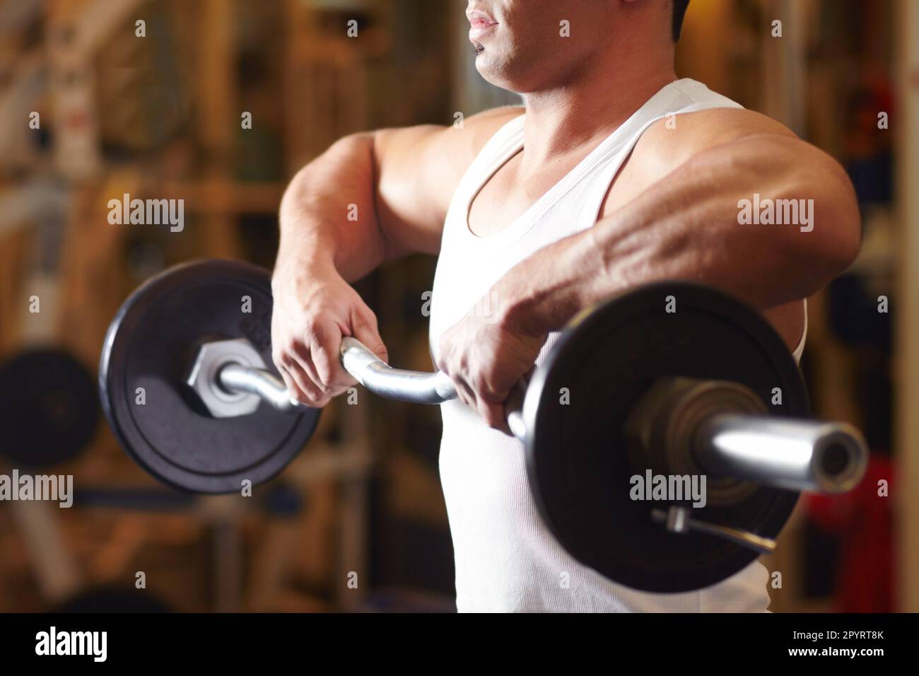 Arm, hands and man lifting barbell for gym workout, power lift circuit ...