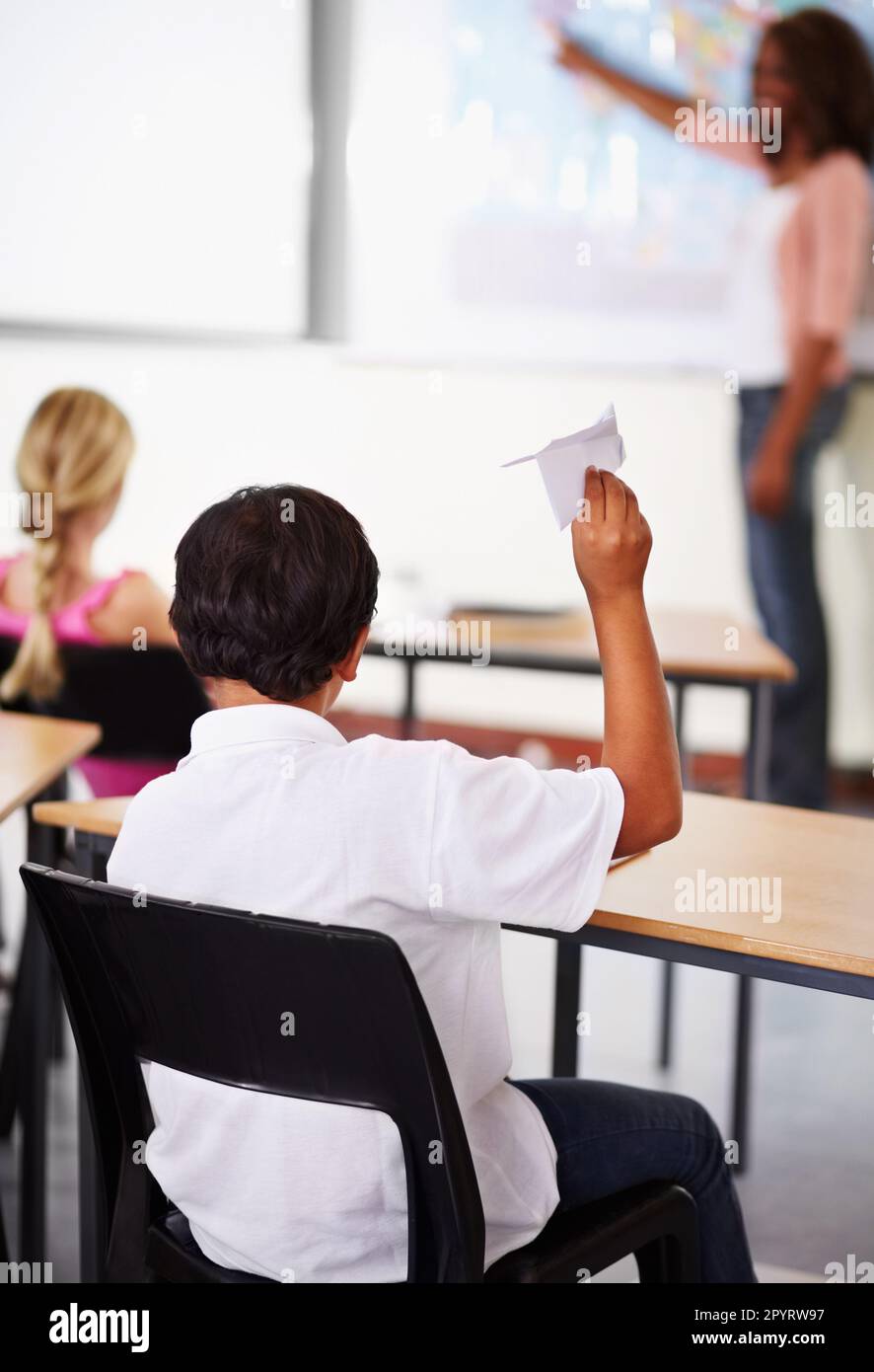 Student, paper plane and classroom with teacher and children, learning ...