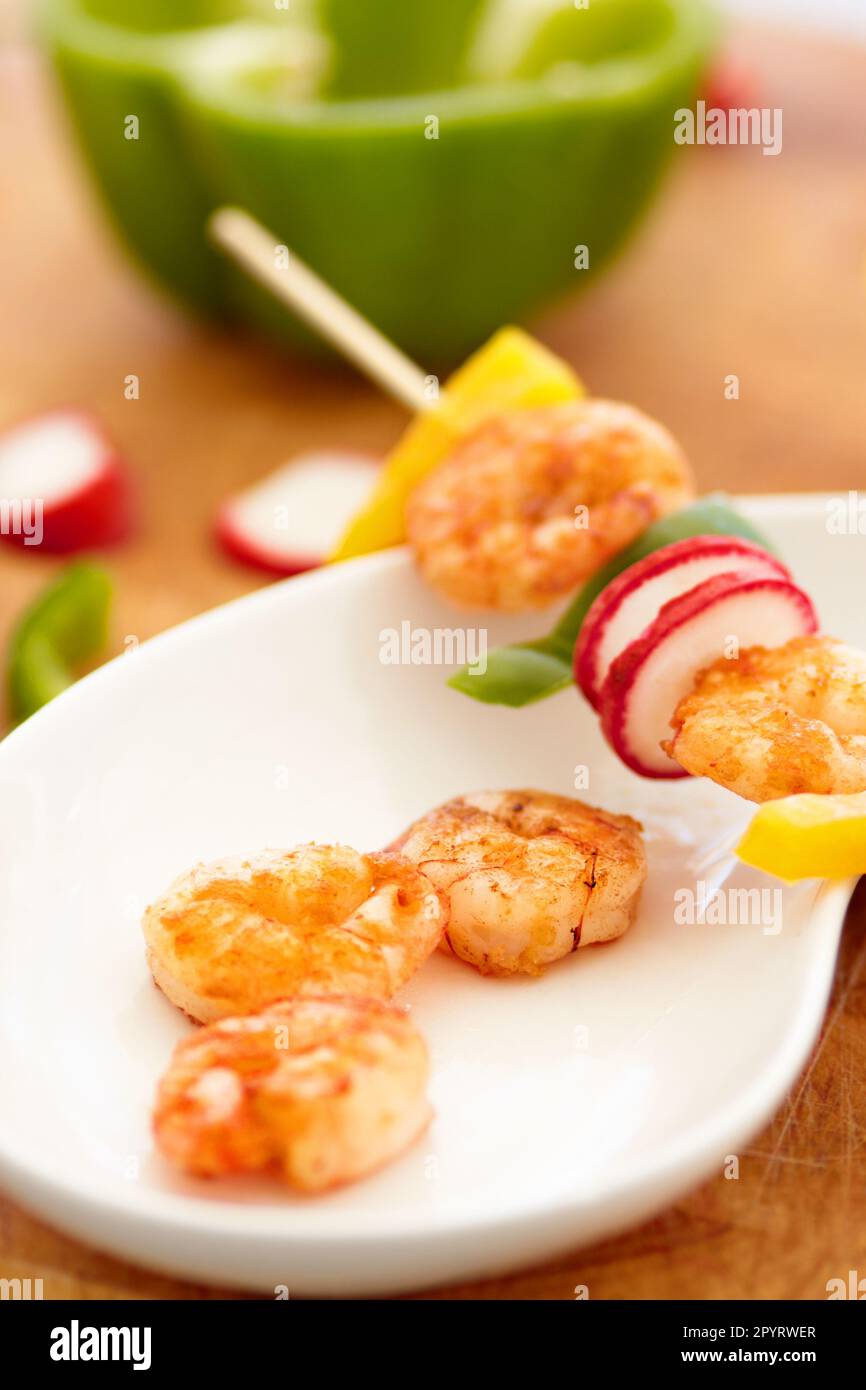 Food, nutrition and prawn on a plate in a restaurant for hospitality in ...