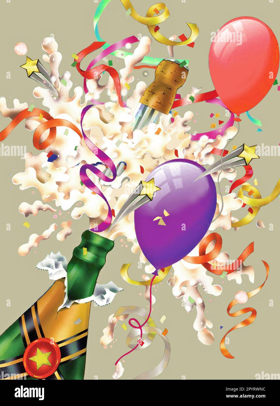 Celebration-Popping Champagne bottle with streamers & balloons Stock ...