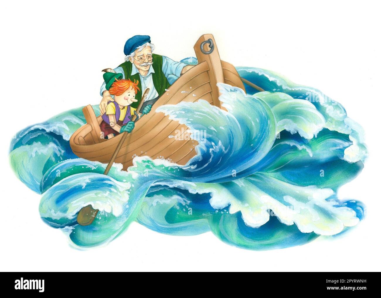 Children's stories--Pinocchio & Giuseppe in row boat in big waves Stock ...