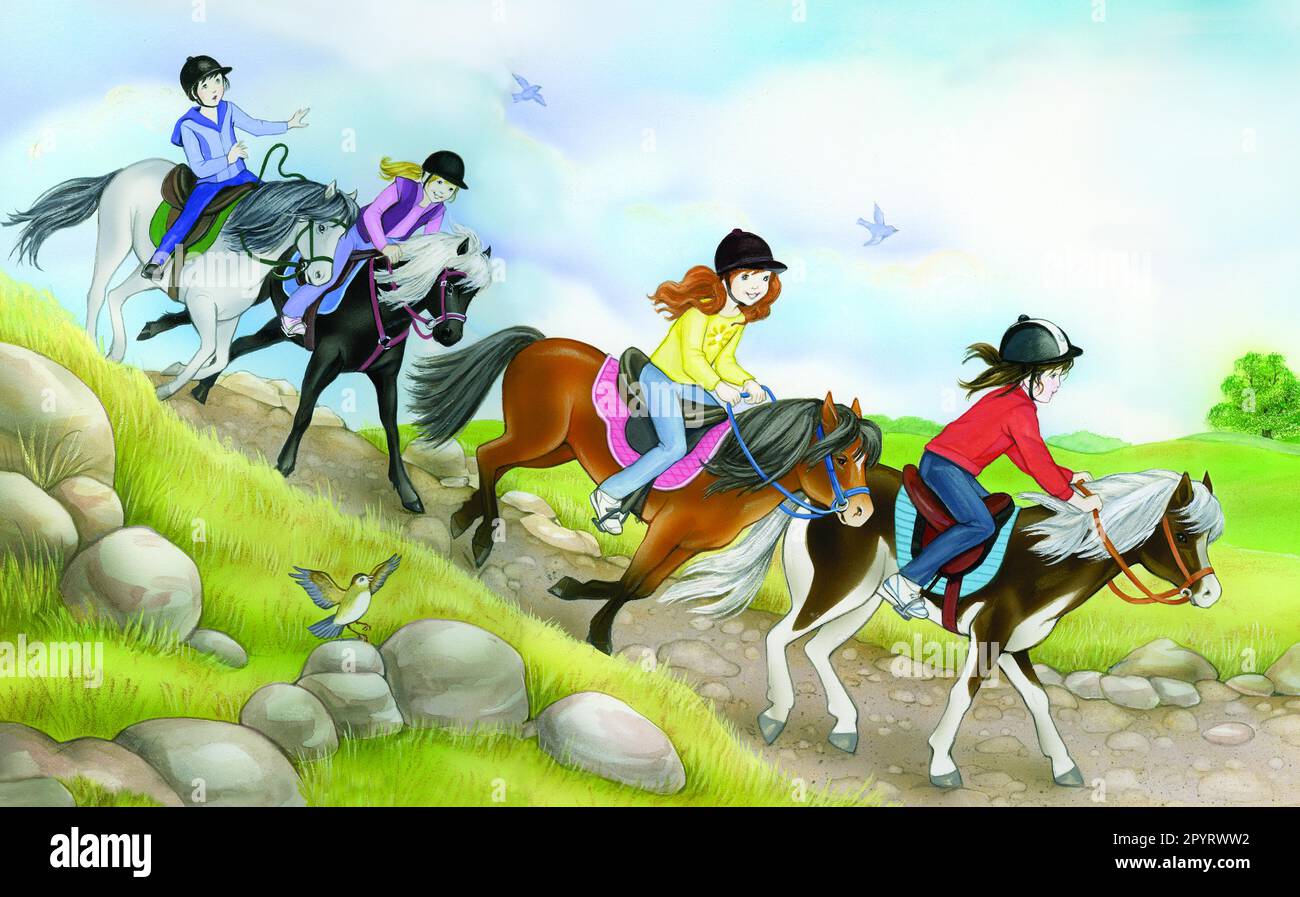 Juvenile-Girls horse trail riding Stock Photo - Alamy