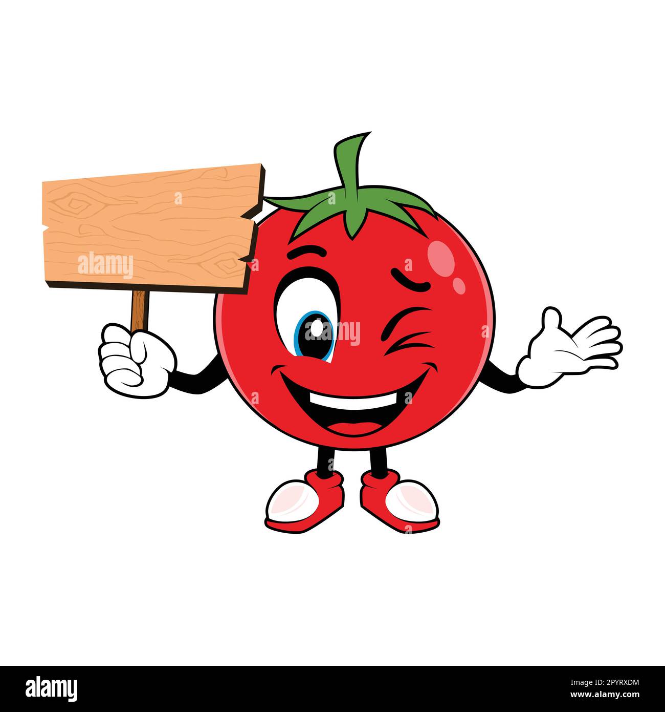 Smiling Tomato Fruit Cartoon Mascot Holding Up A Blank Wood Sign ...