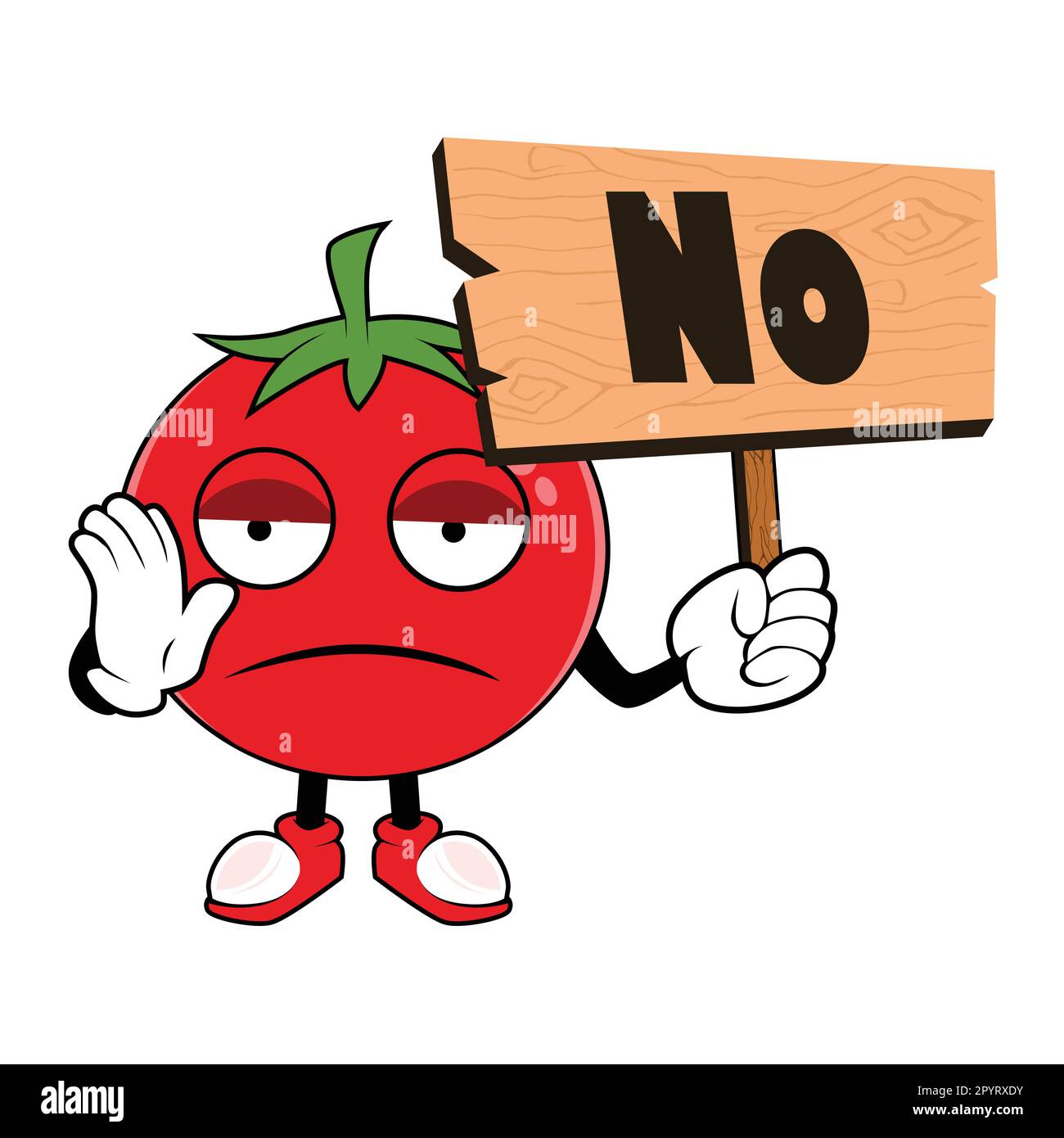 Tomato Fruit Cartoon Mascot holding up a wood sign with word NO. Vector ...
