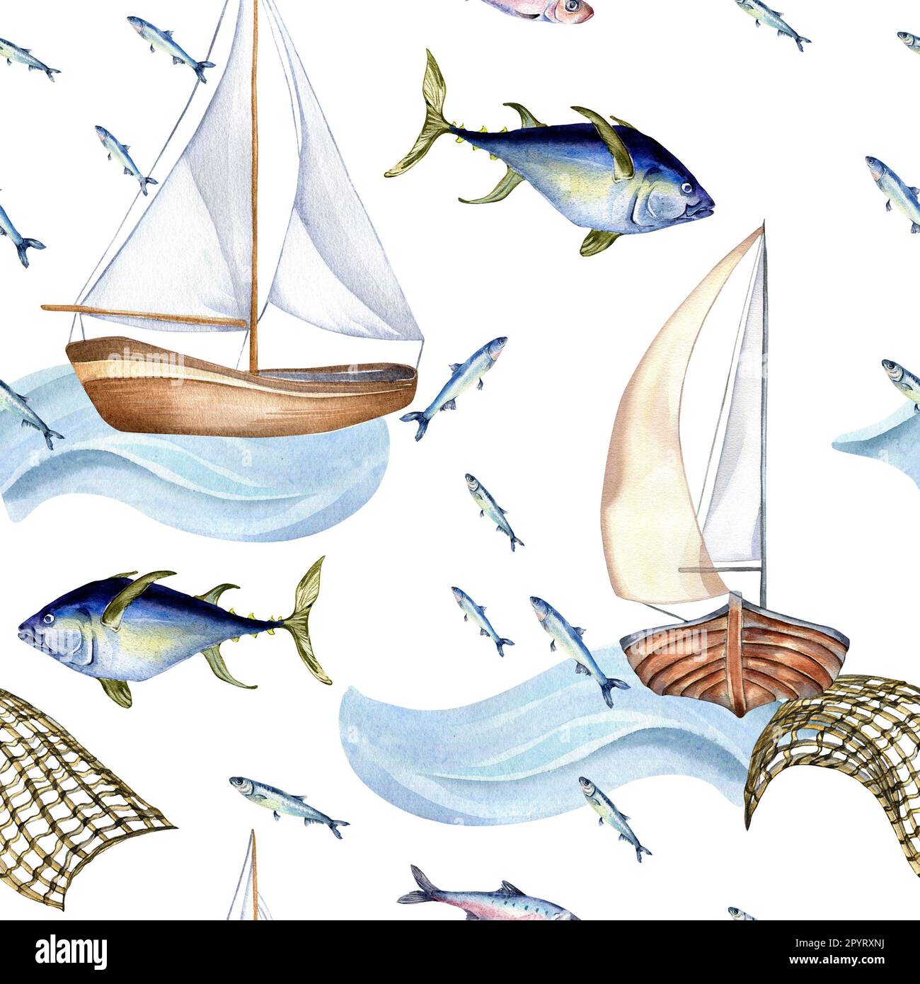 Seamless pattern of sea fish and sail boat watercolor illustration ...