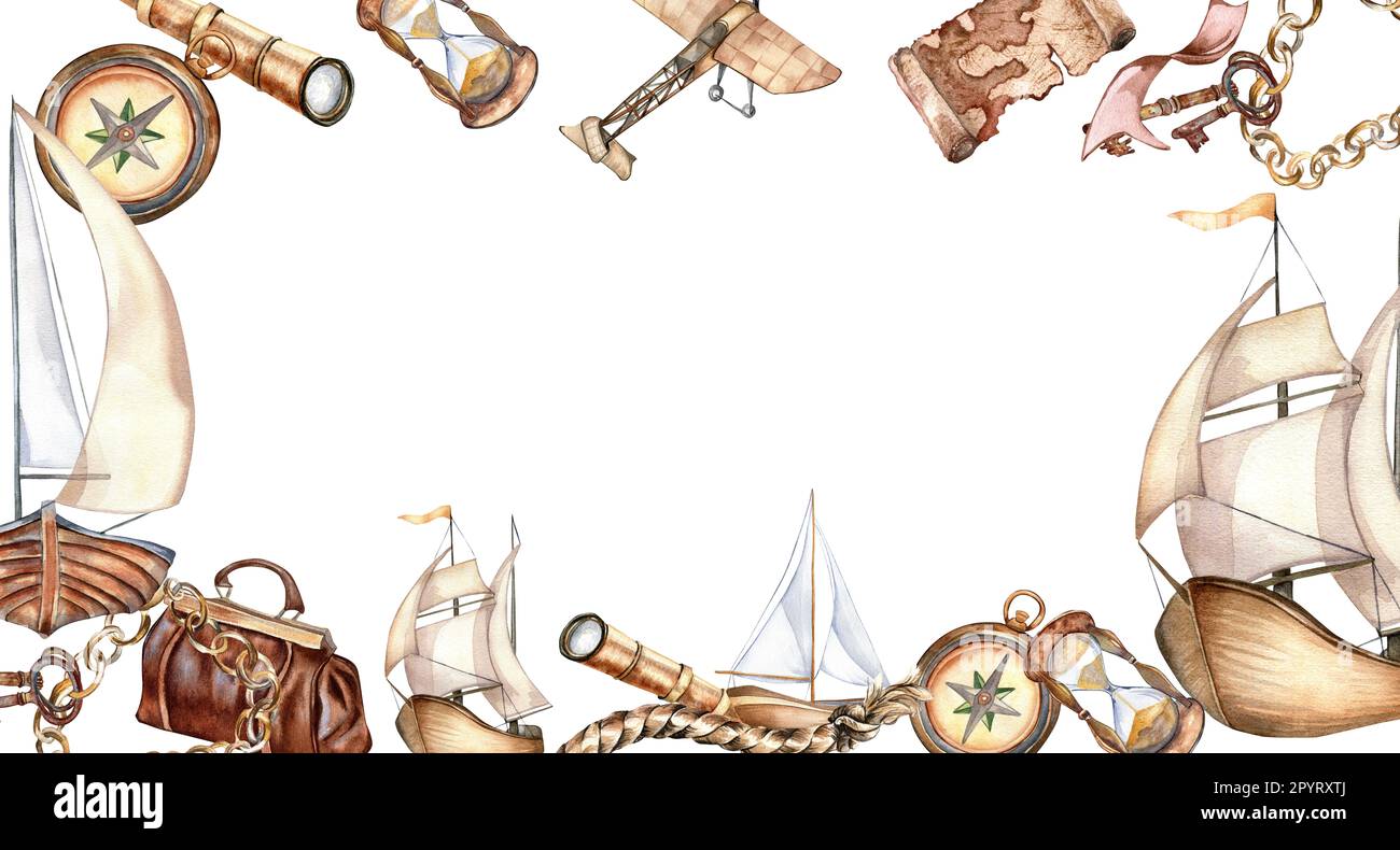 Frame of sailing ship vintage style watercolor illustration isolated on ...