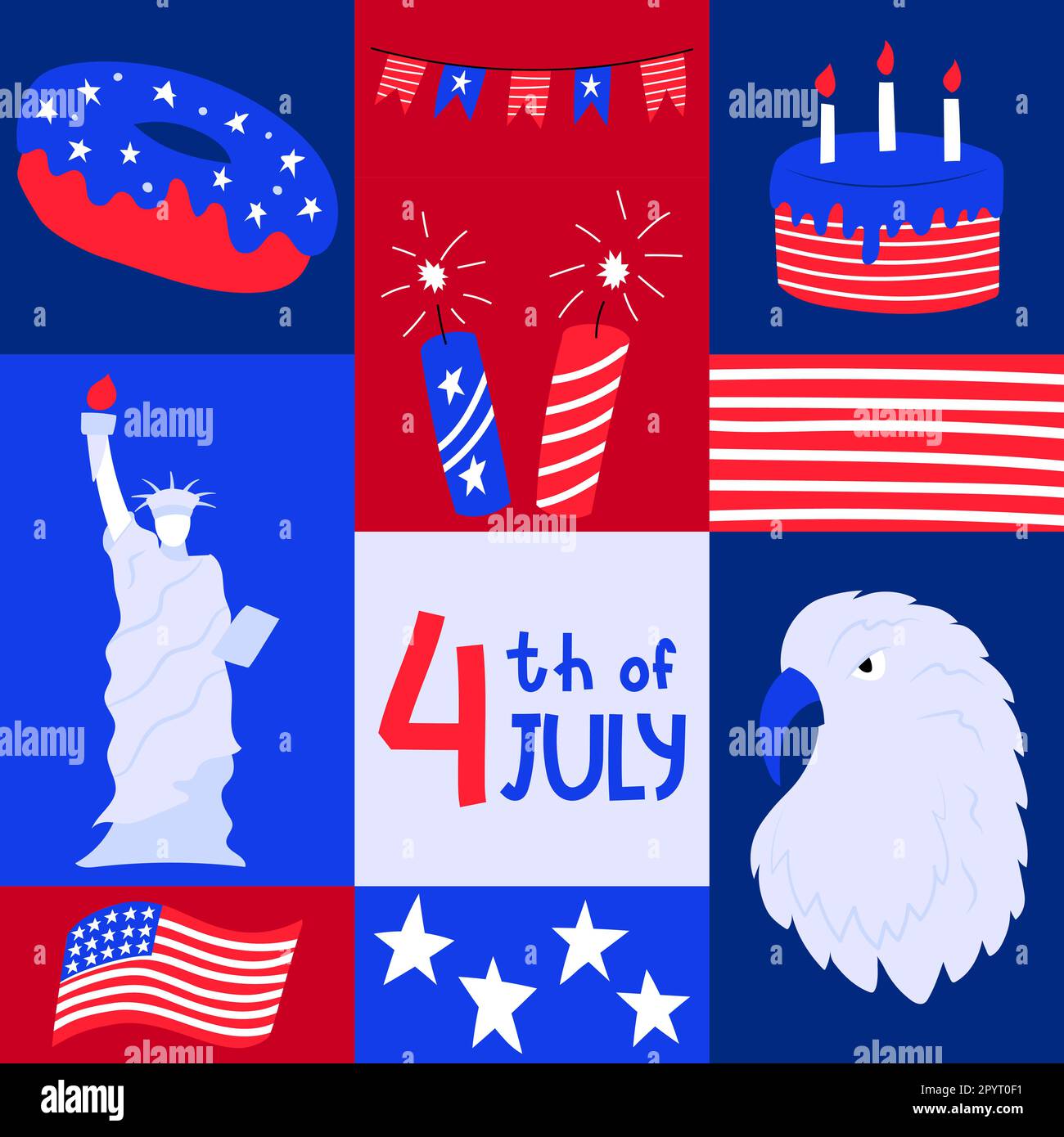 Square graphic poster with national symblos of USA independence day ...