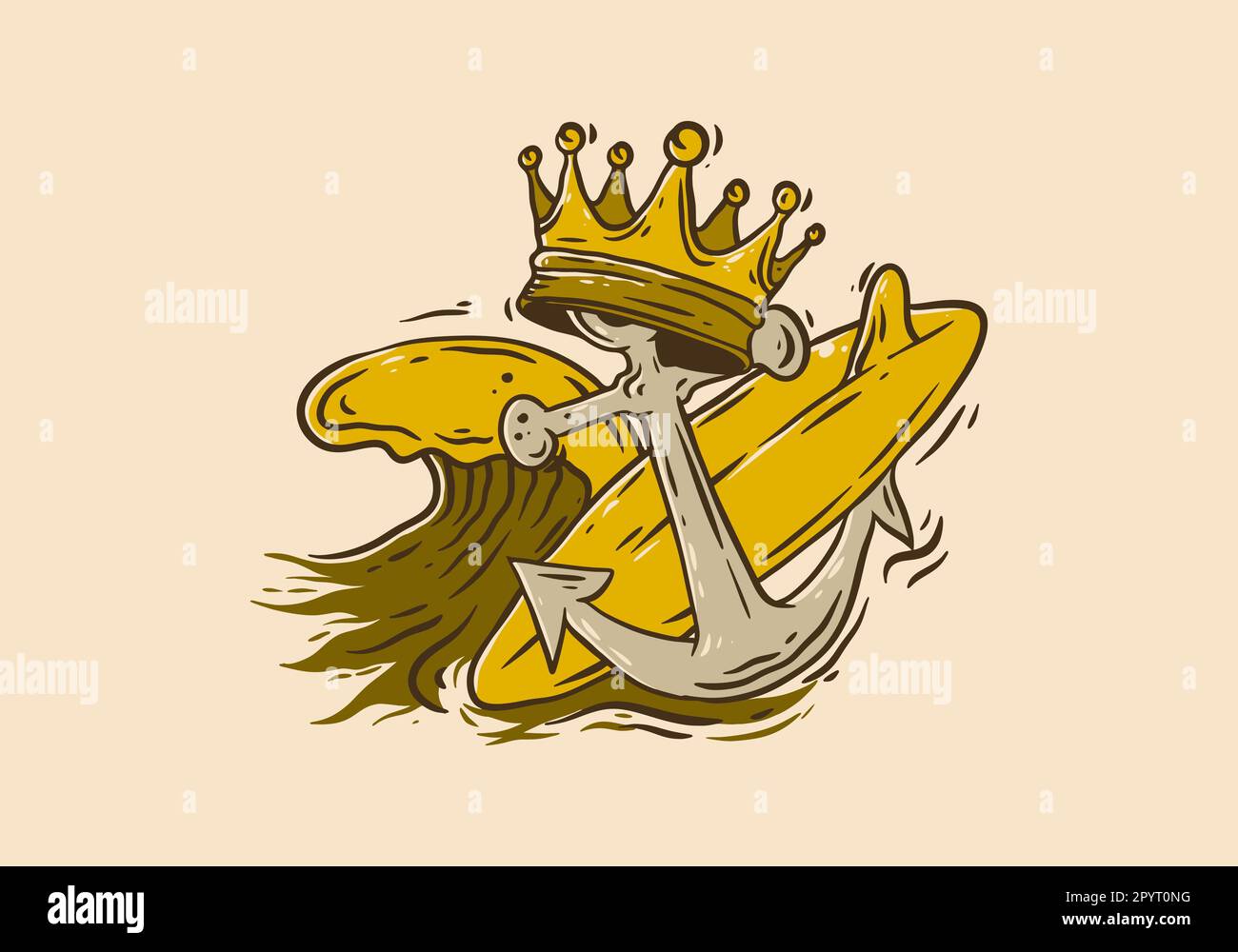 Vintage style illustration drawing of surfboard, crown, anchor and ...