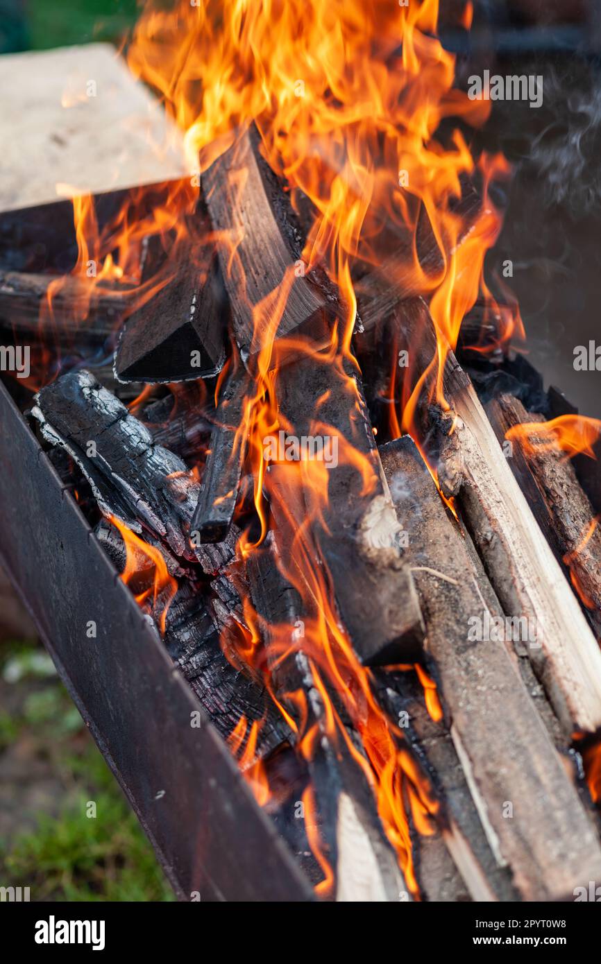 The firewood in the grill burns with a bright orange flame. Preparation ...