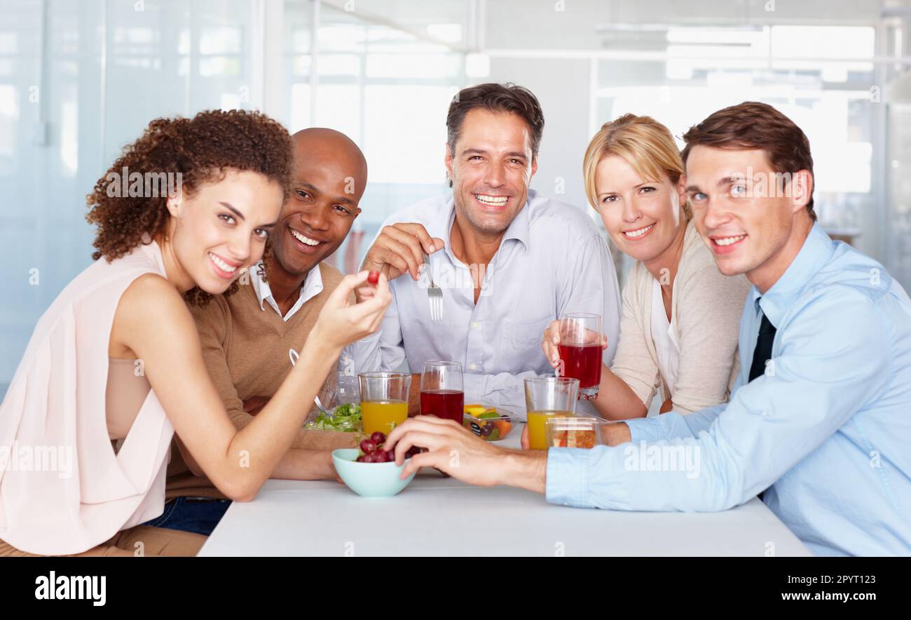 Business, portrait and staff with lunch, partnership and collaboration ...