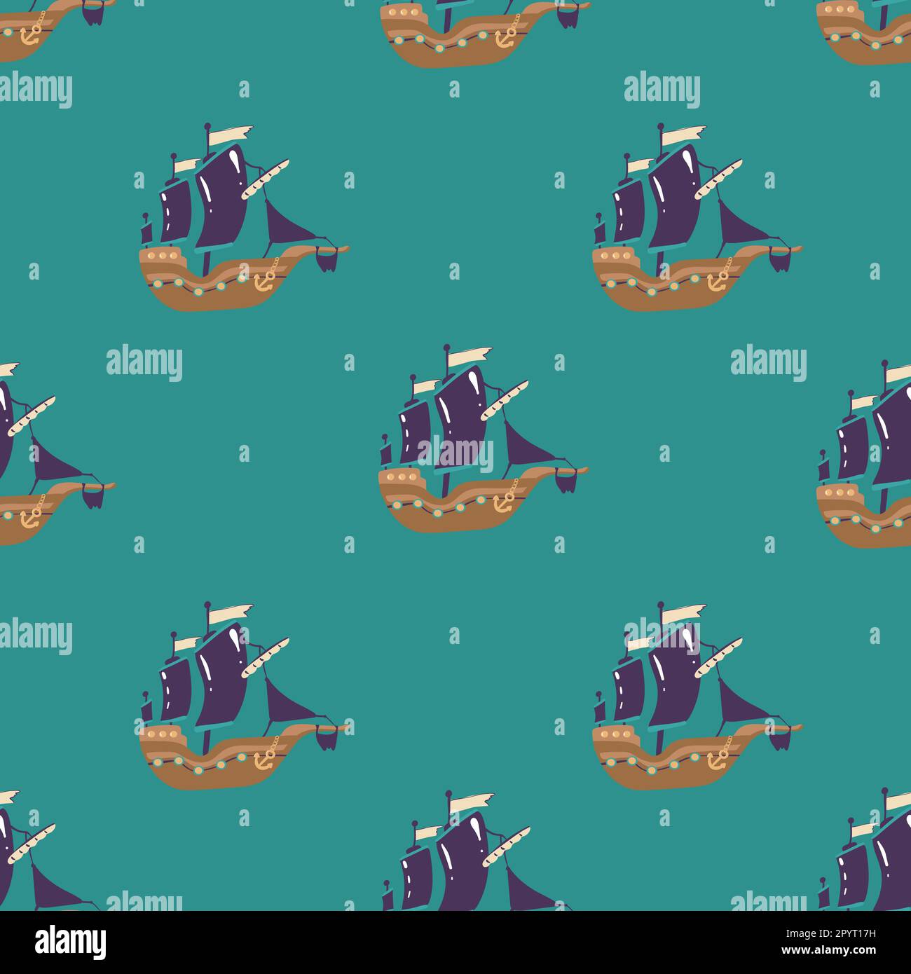 Pirate ship, flag, anchor. Seamless pattern with vector hand drawn ...