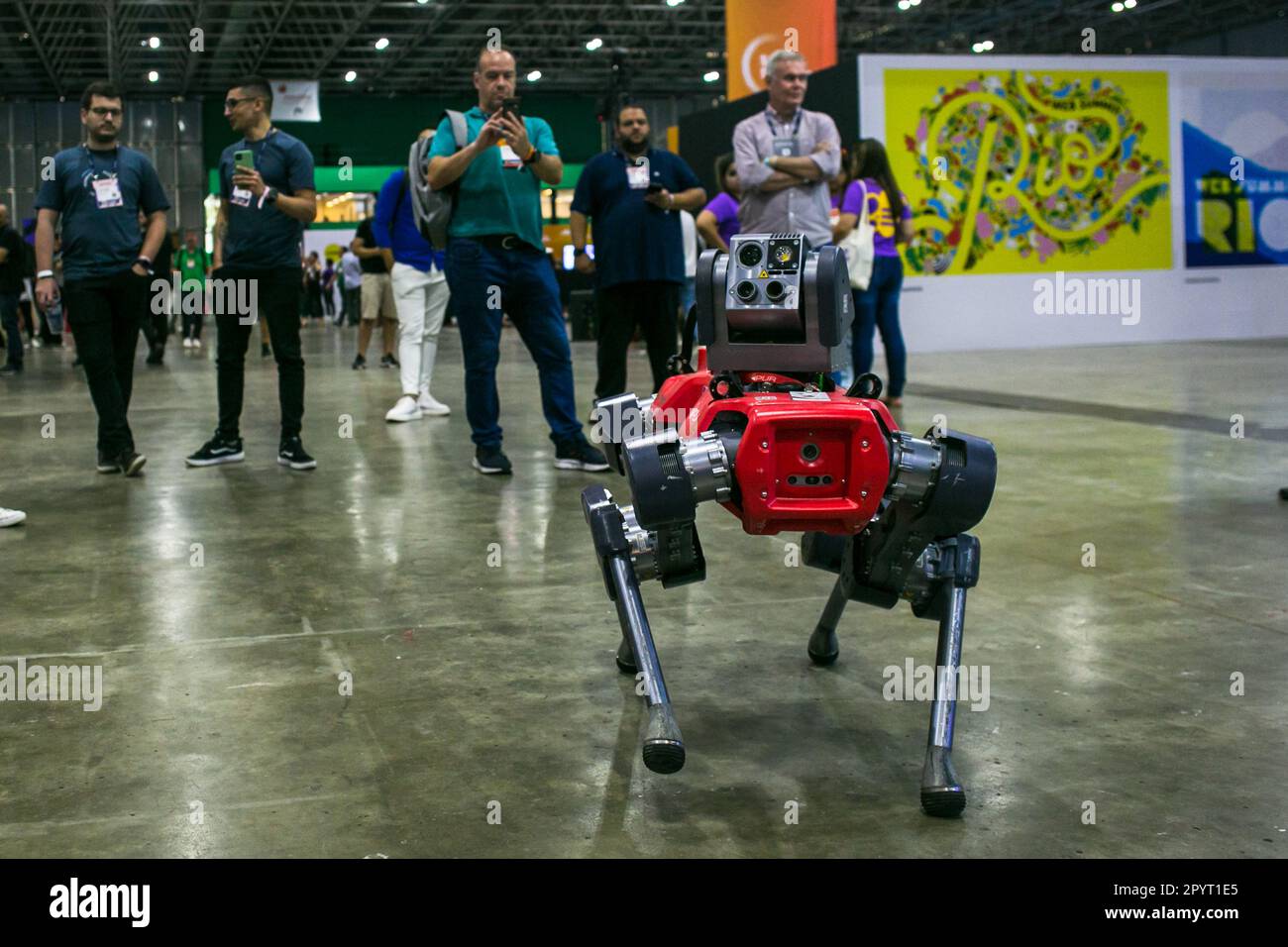 Rio De Janeiro, Brazil. 4th May, 2023. Attendees look at a firefighting ...