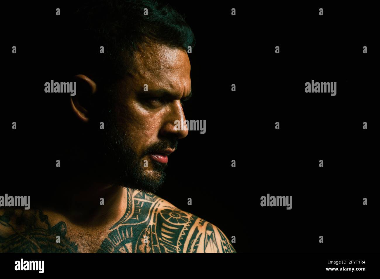 Brutal man, serious face of handsome male model, concept of men power ...