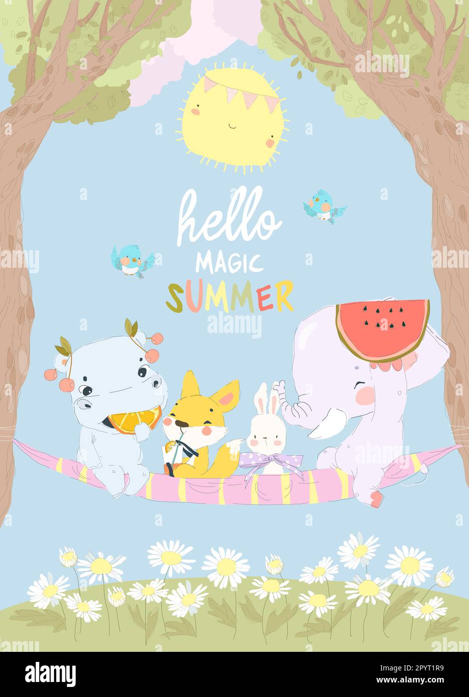 Cute Cartoon Animals enjoying Summer in Big Hammock Stock Vector Image ...