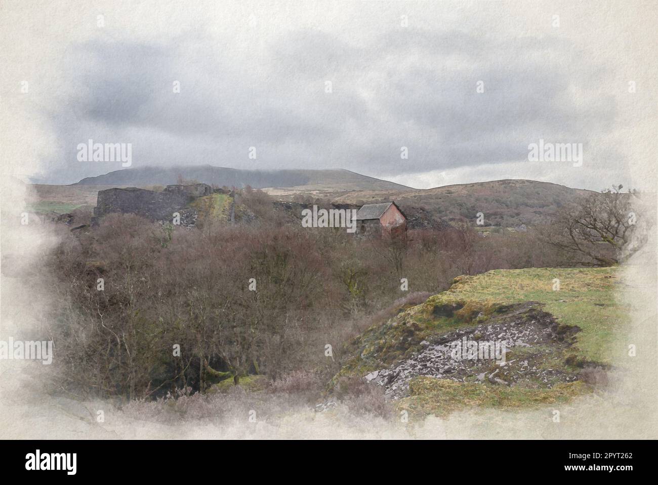 A digital watercolour painting of the abandoned Cornish Beam Engine at ...
