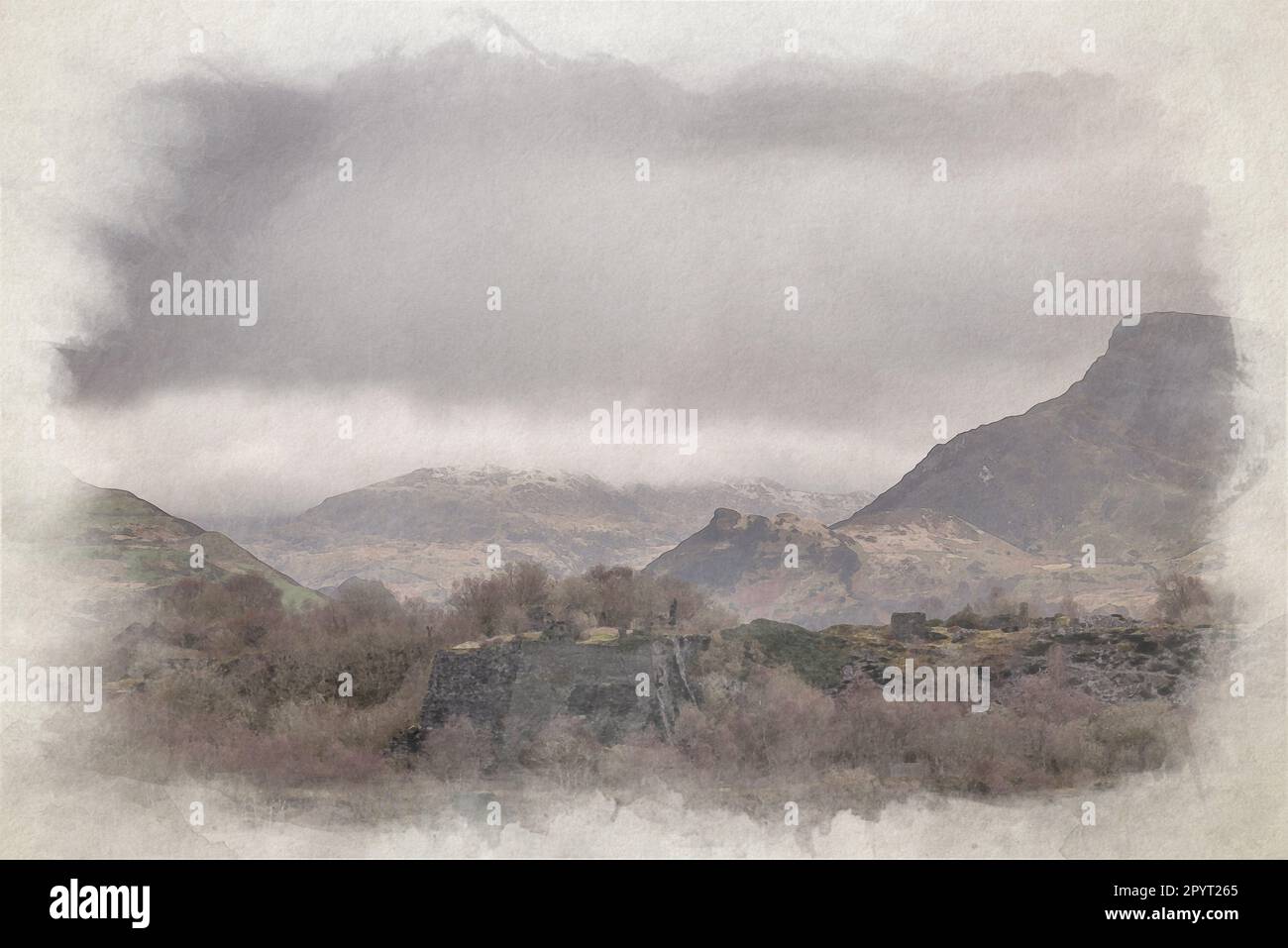 Dorothea Slate Quarry digital watercolour painting, Nantlle Valley ...