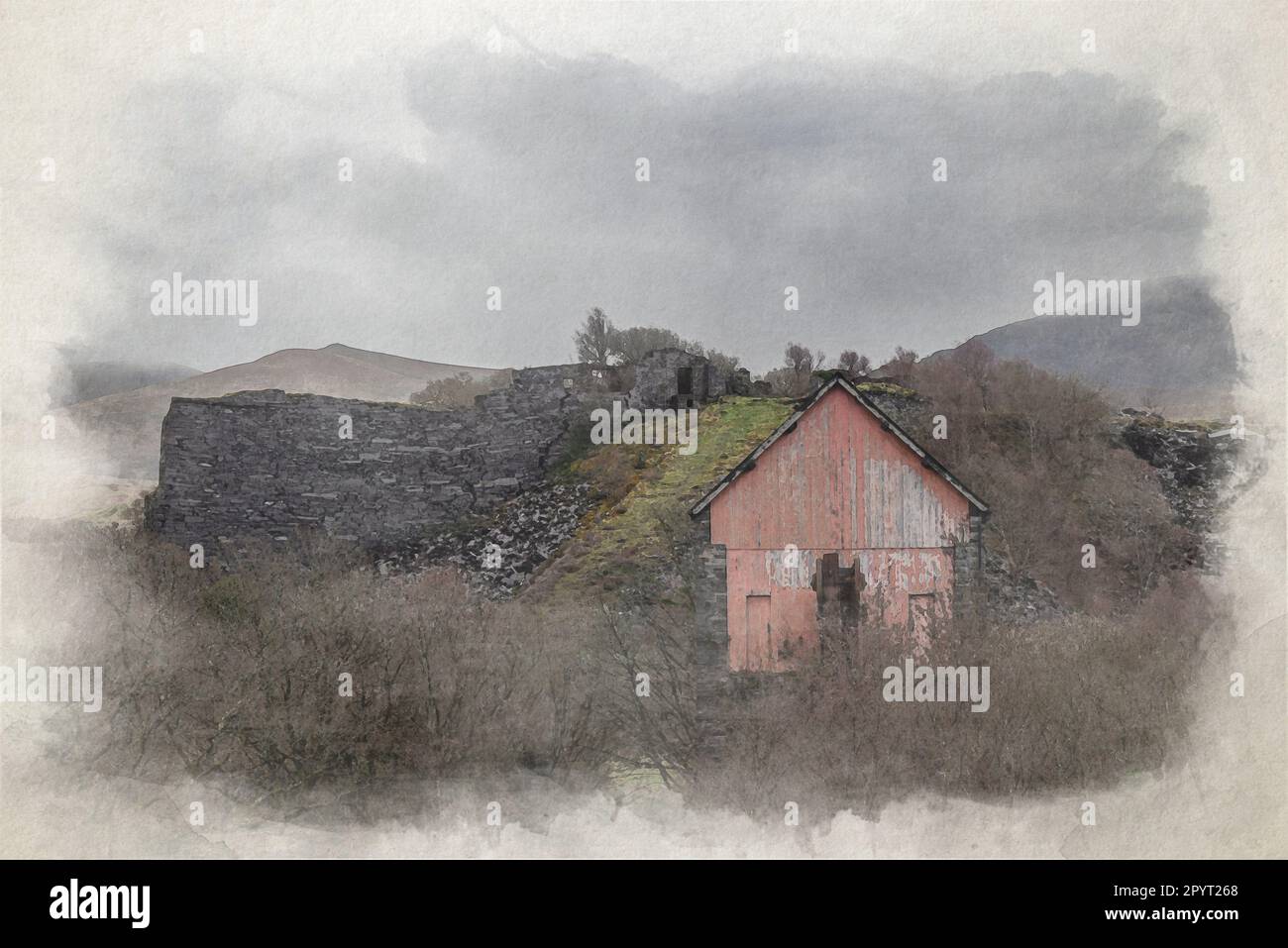 A digital watercolour painting of the abandoned Cornish Beam Engine at ...