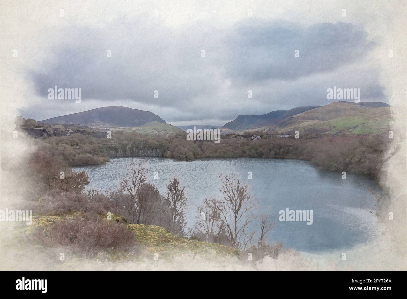Dorothea Slate Quarry digital watercolour painting, Nantlle Valley ...