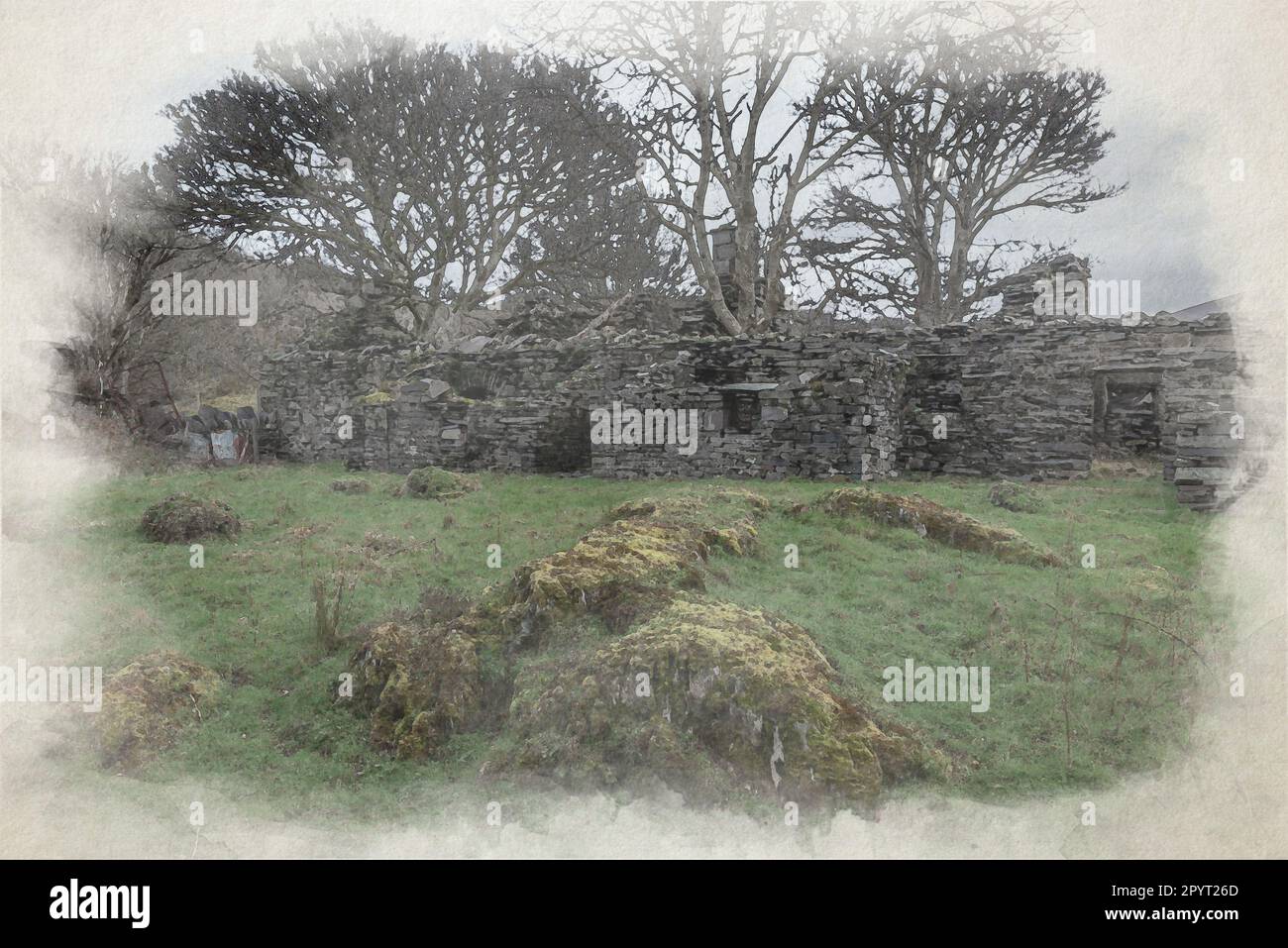 Dorothea Slate Quarry digital watercolour painting, Nantlle Valley ...