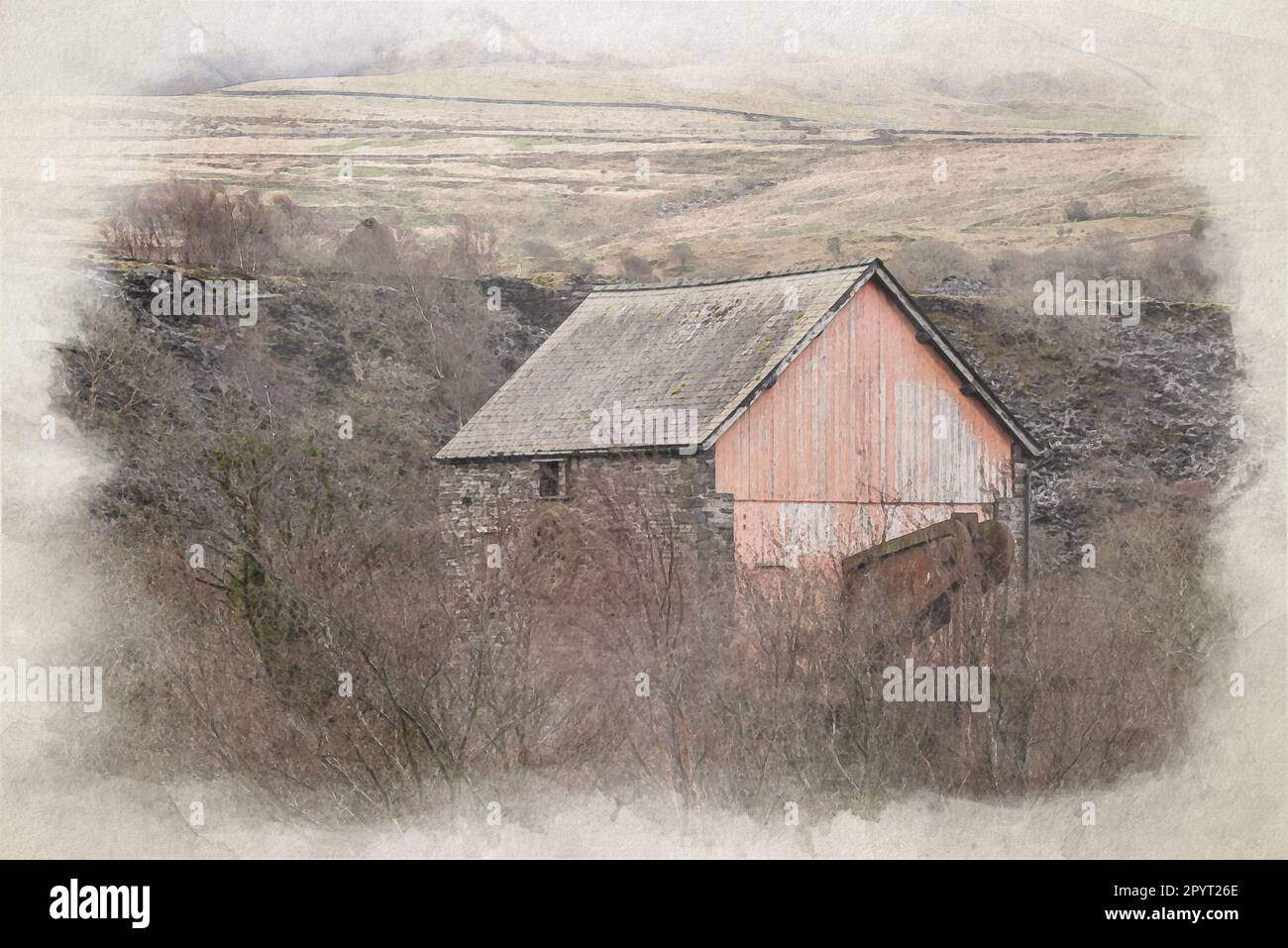 A digital watercolour painting of the abandoned Cornish Beam Engine at ...