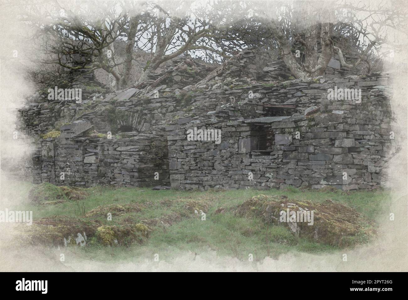 Dorothea Slate Quarry digital watercolour painting, Nantlle Valley ...