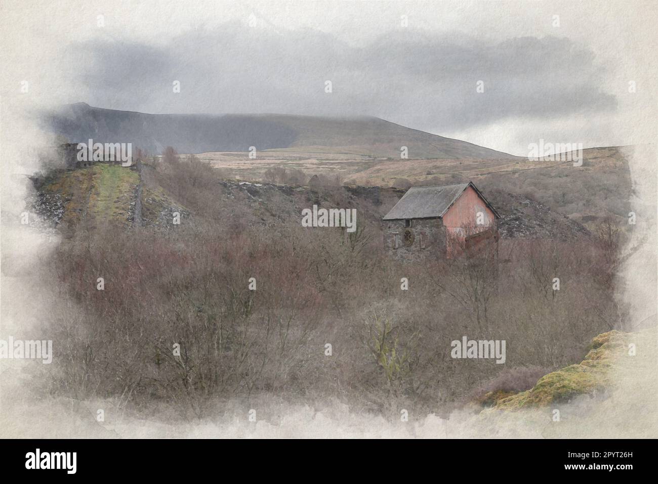 A digital watercolour painting of the abandoned Cornish Beam Engine at ...