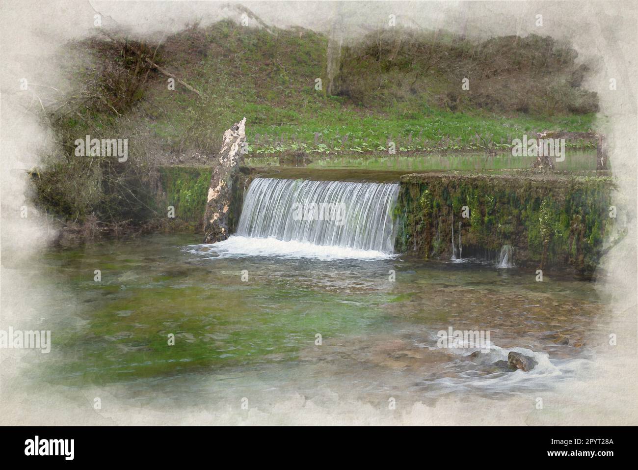 Digital watercolour painting of flowing water, and waterfall cascades ...