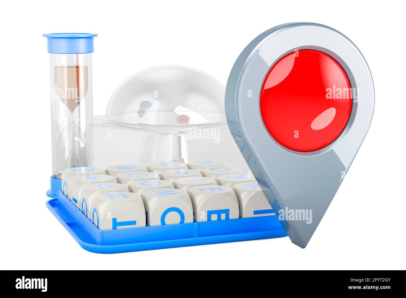 Boggle Board Game with map pointer, 3D rendering isolated on white ...