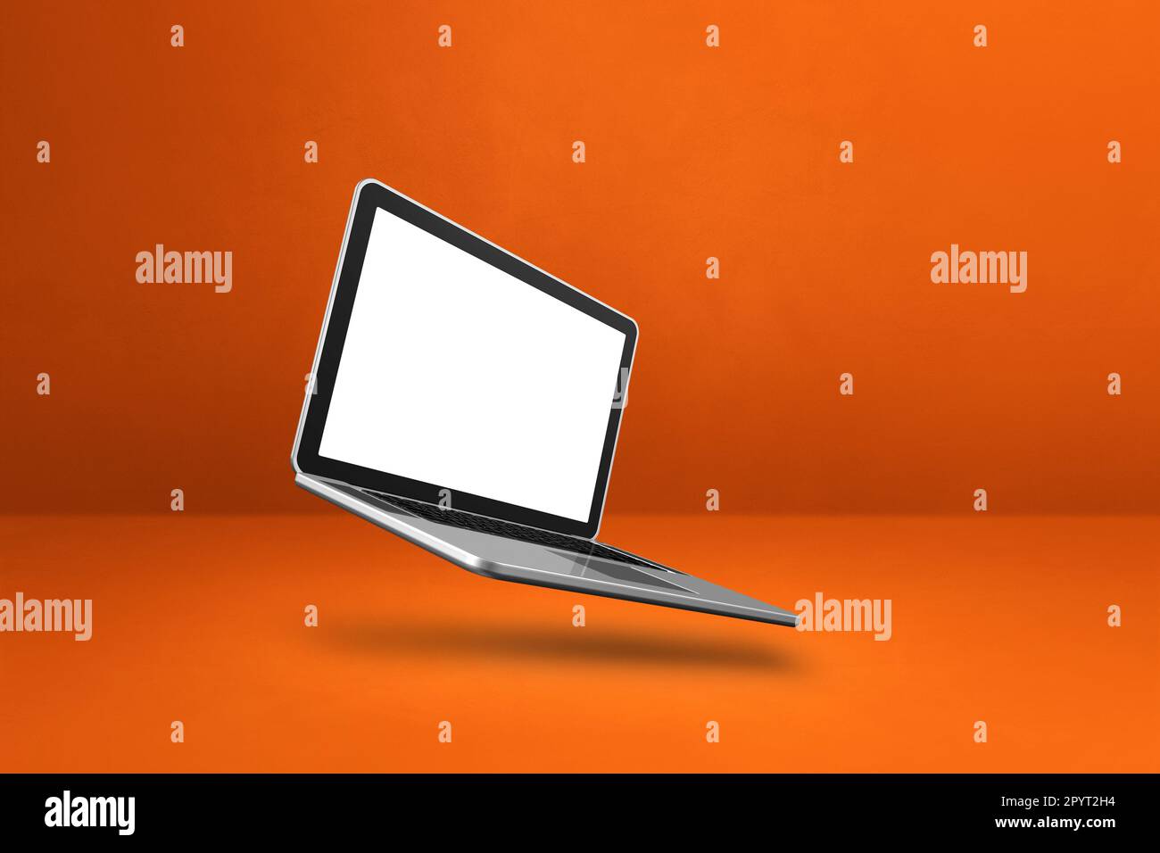 Blank computer laptop floating over an orange background. 3D isolated ...