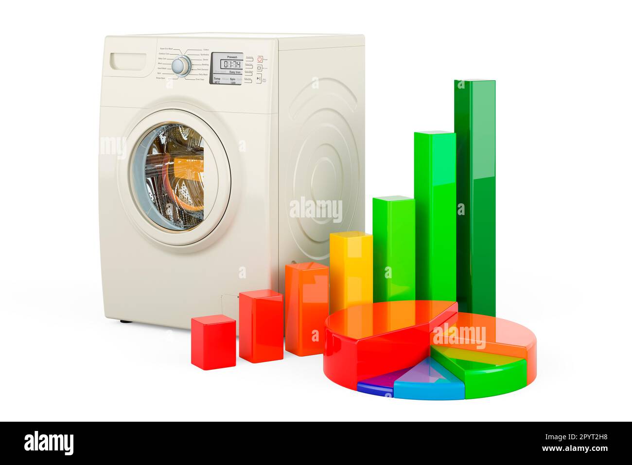 Washing machine with growth bar graph and pie chart, 3D rendering ...
