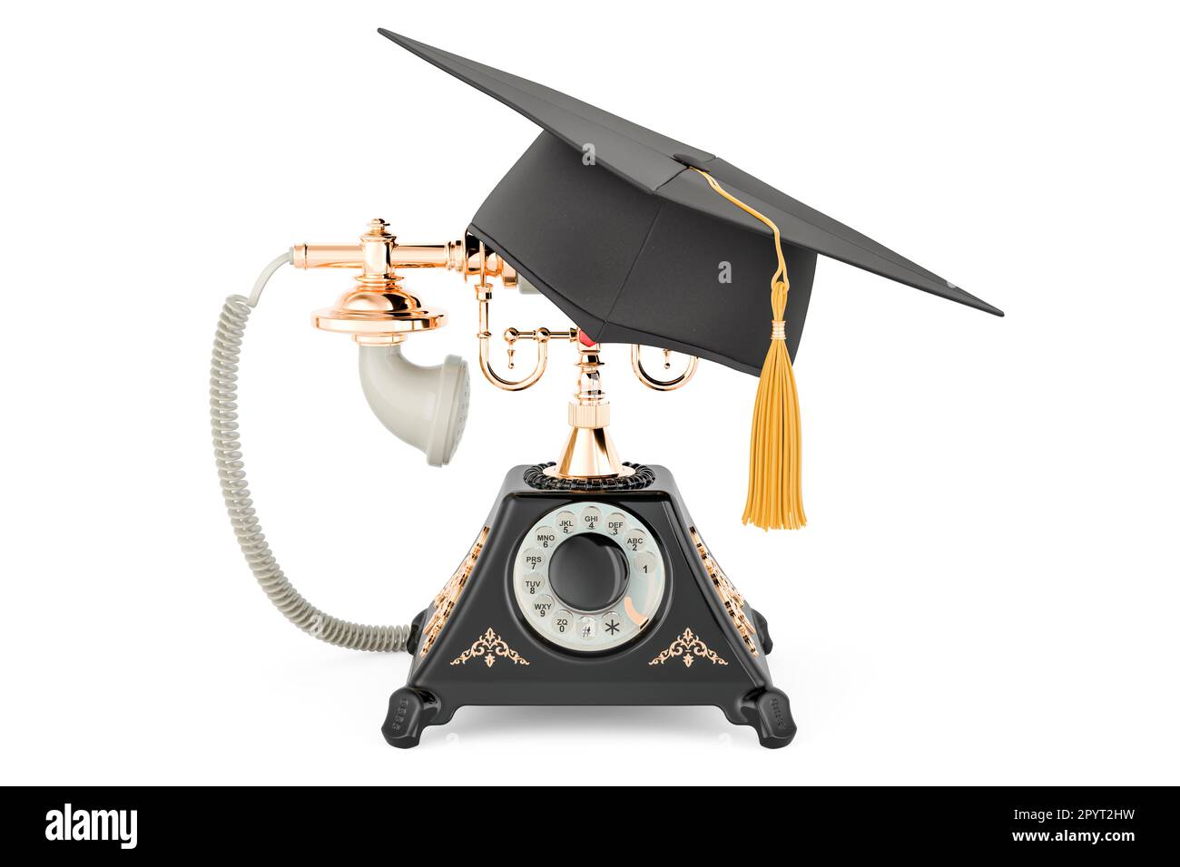 Old-fashioned phone with graduation hat. 3D rendering isolated on white ...