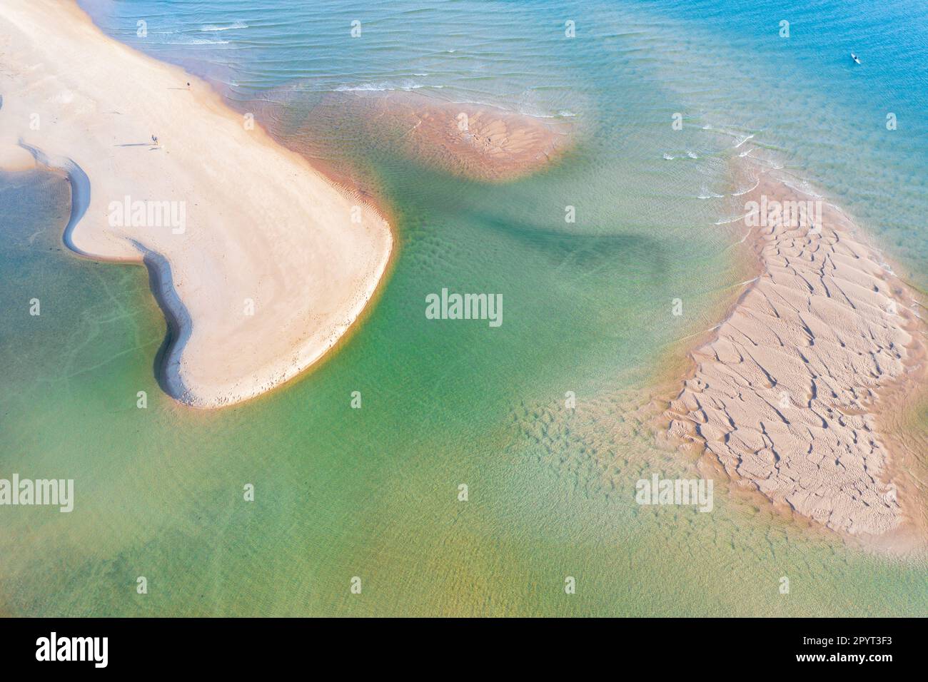 Aerial view of sand bars in a coastal river at Maroochydore on the ...