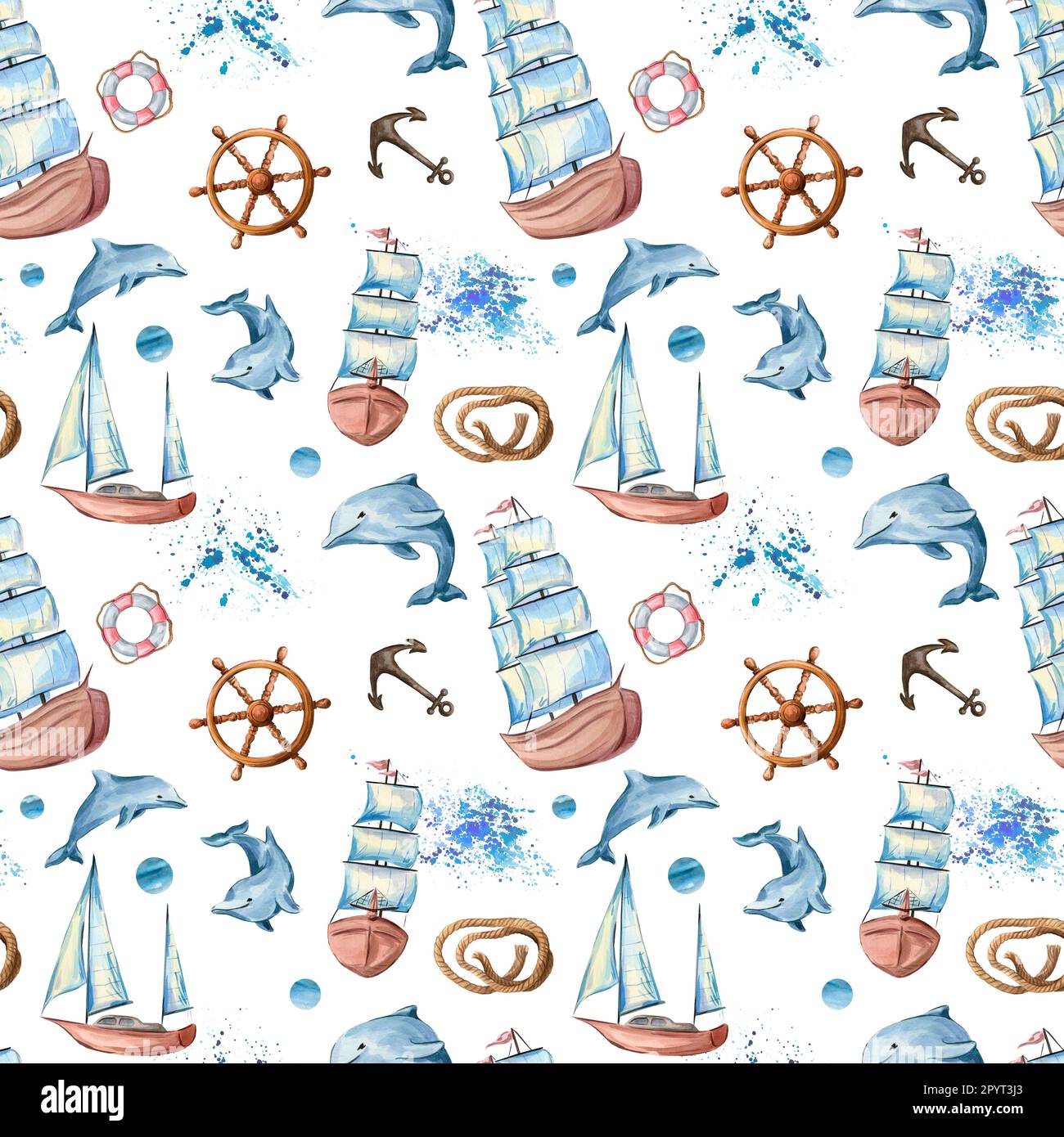 Seamless watercolor pattern with the image of the sea, yachts, ships ...