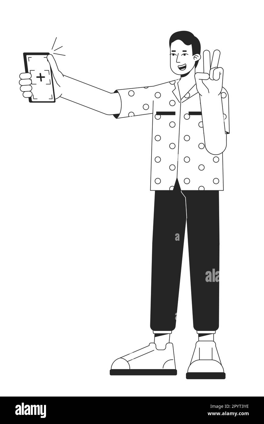 Generation z boy taking selfie full body bw vector spot illustration ...