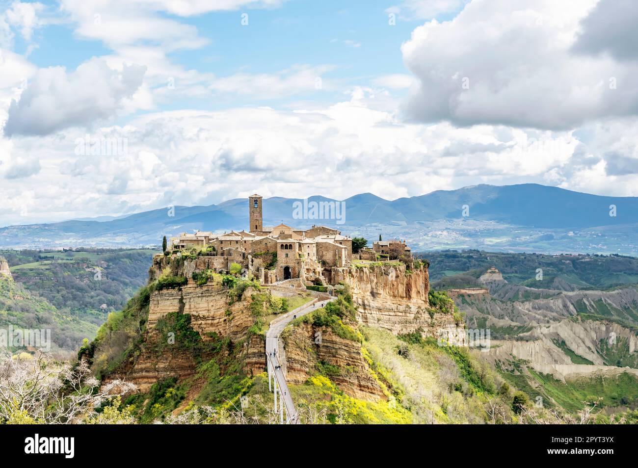 The ancient hilltop village of Civita di Bagnoregio, Italy, on a sunny ...