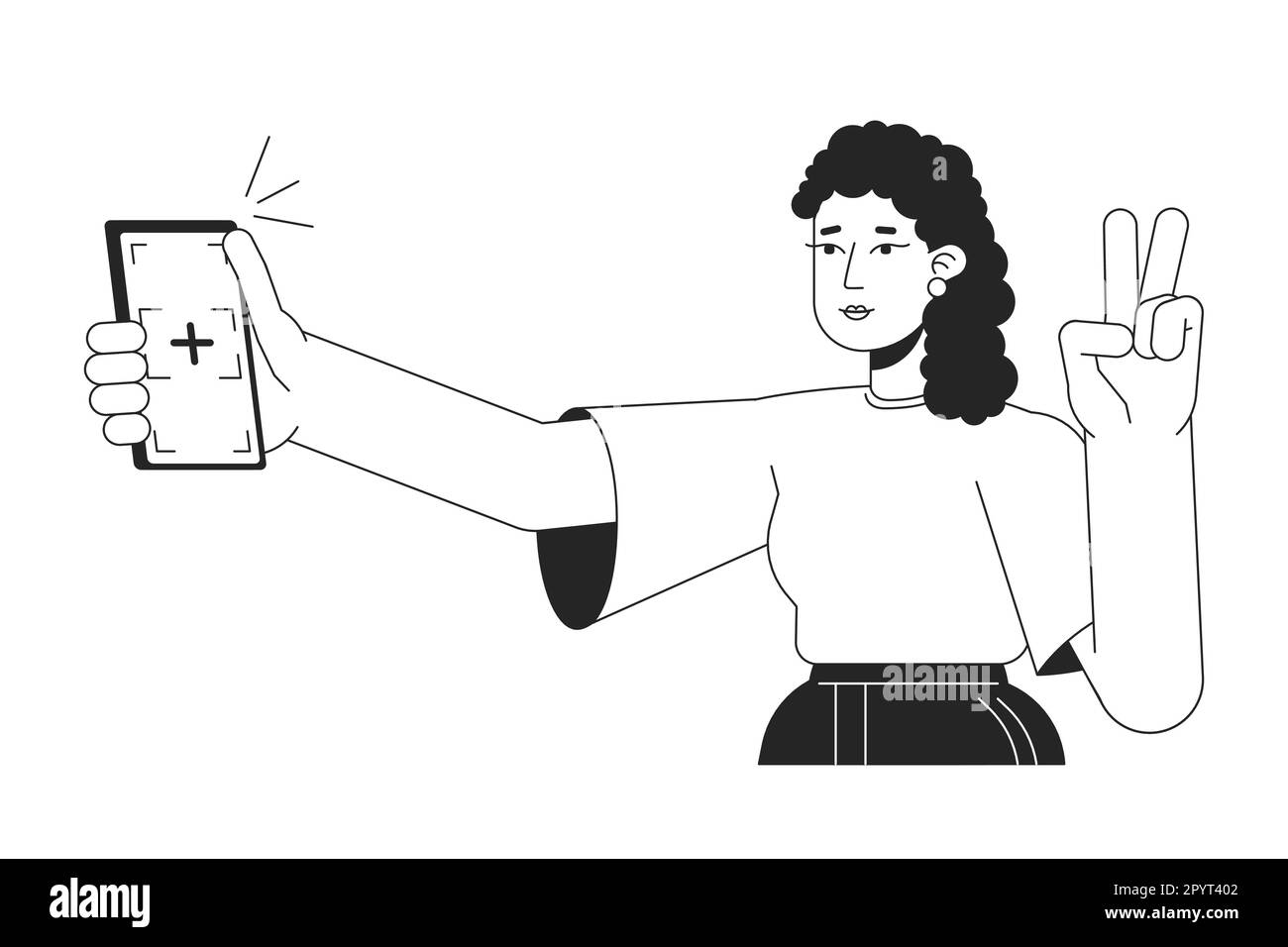 Girl posing for selfie with peace fingers bw vector spot illustration ...