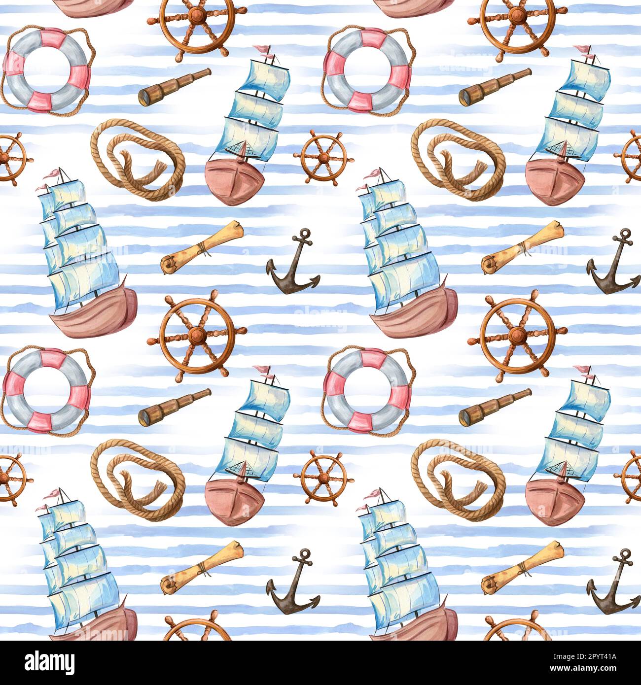 Seamless watercolor pattern with the image of the sea, yachts, ships ...