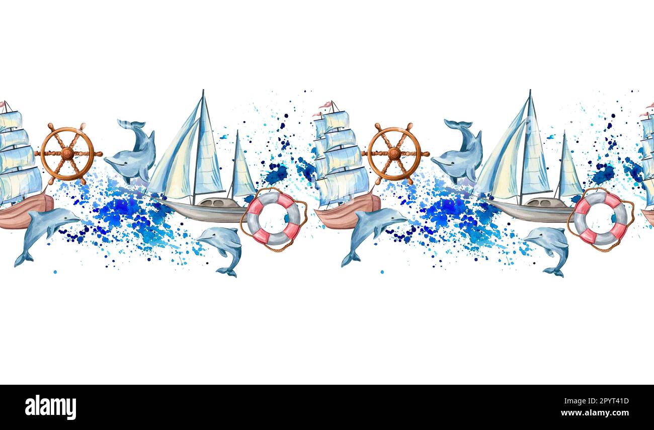 Watercolor seamless pattern, border with marine elements: crabs ...