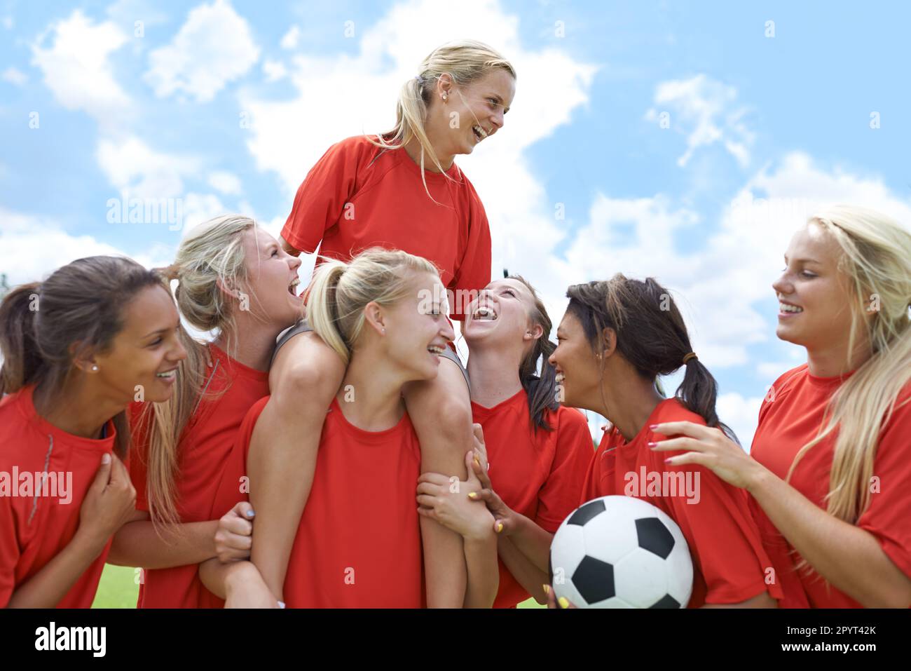 Sports, success and women soccer team winner celebrating victory ...