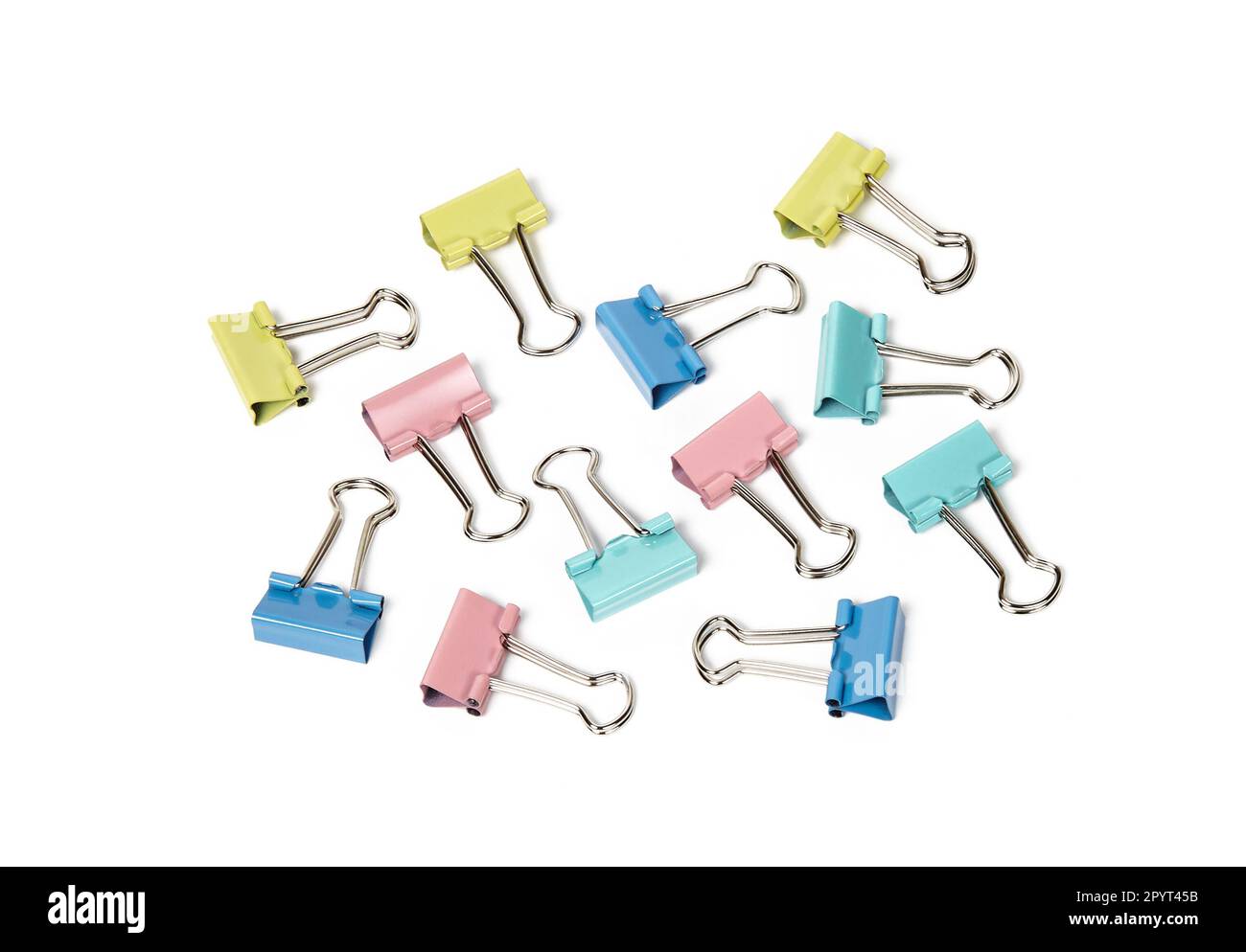 Multicolor binder clips isolated white background. Heap of color ...