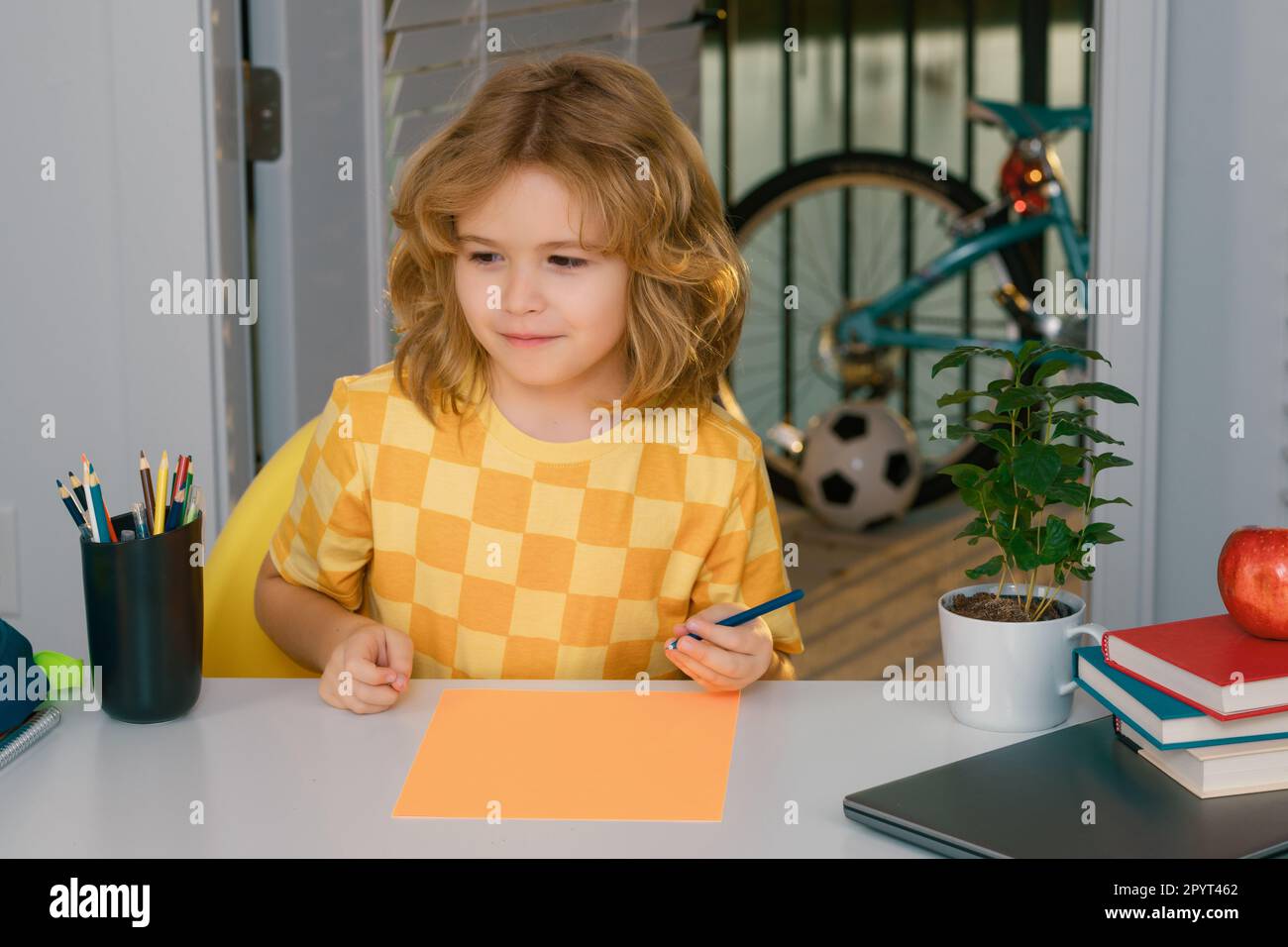Smart caucasian school boy kid pupil student writing. Little student ...