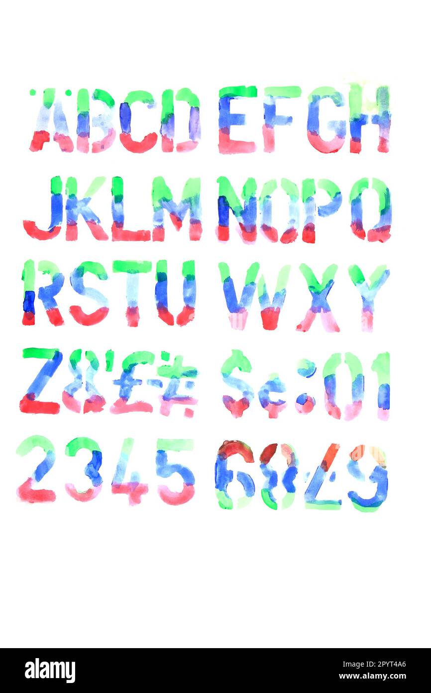 hand painted alphabet and numbers isolated on white background Stock ...
