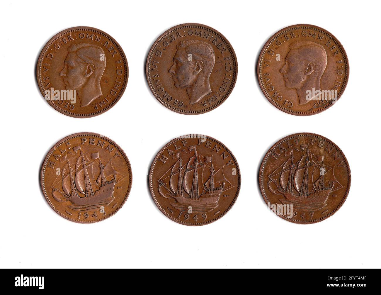 King George VI vintage halfpenny coins from Great Britain showing the ...