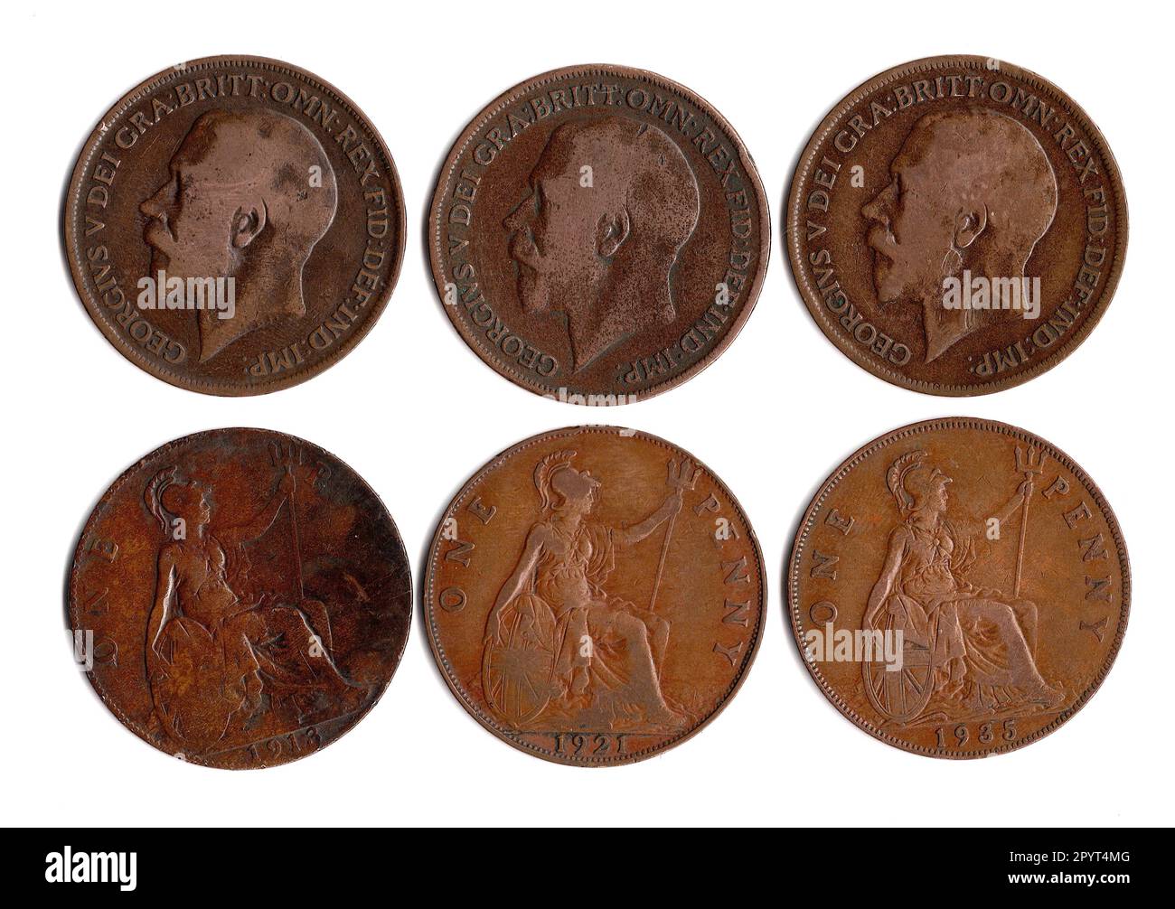 King George V vintage penny coins from Great Britain showing the front ...